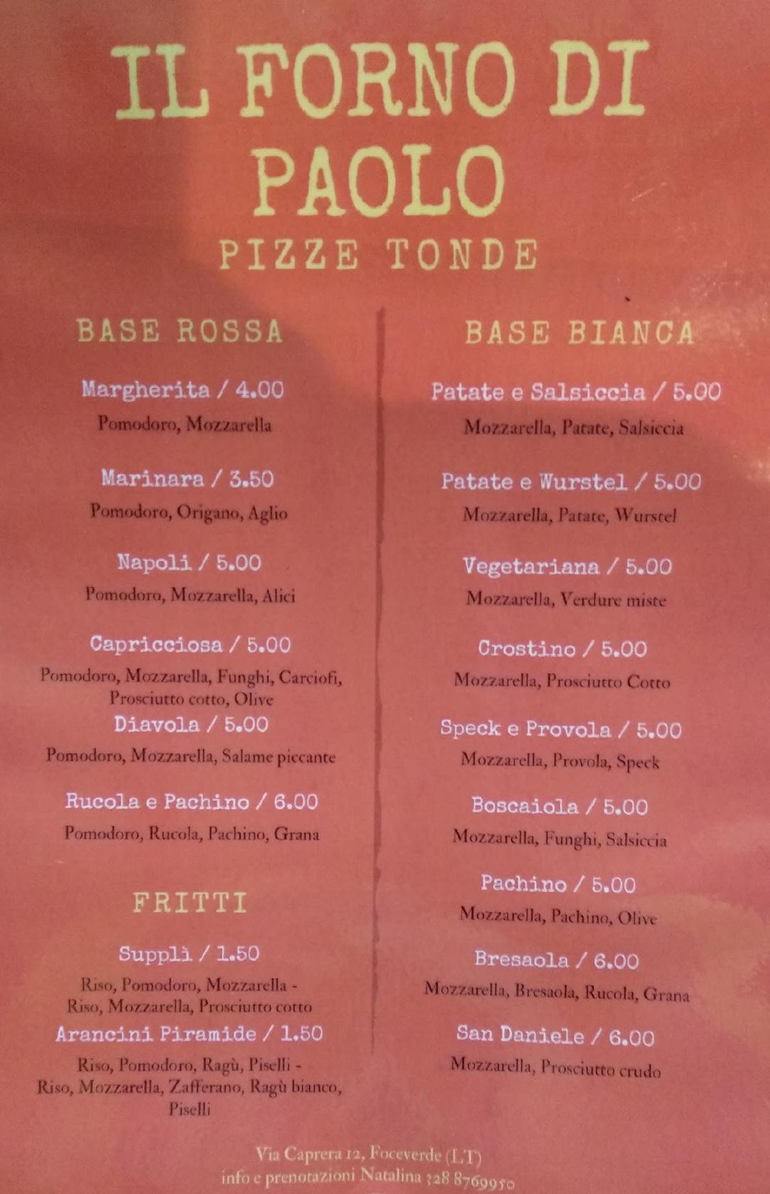 Menu au Il Forno Di Paolo, Latina