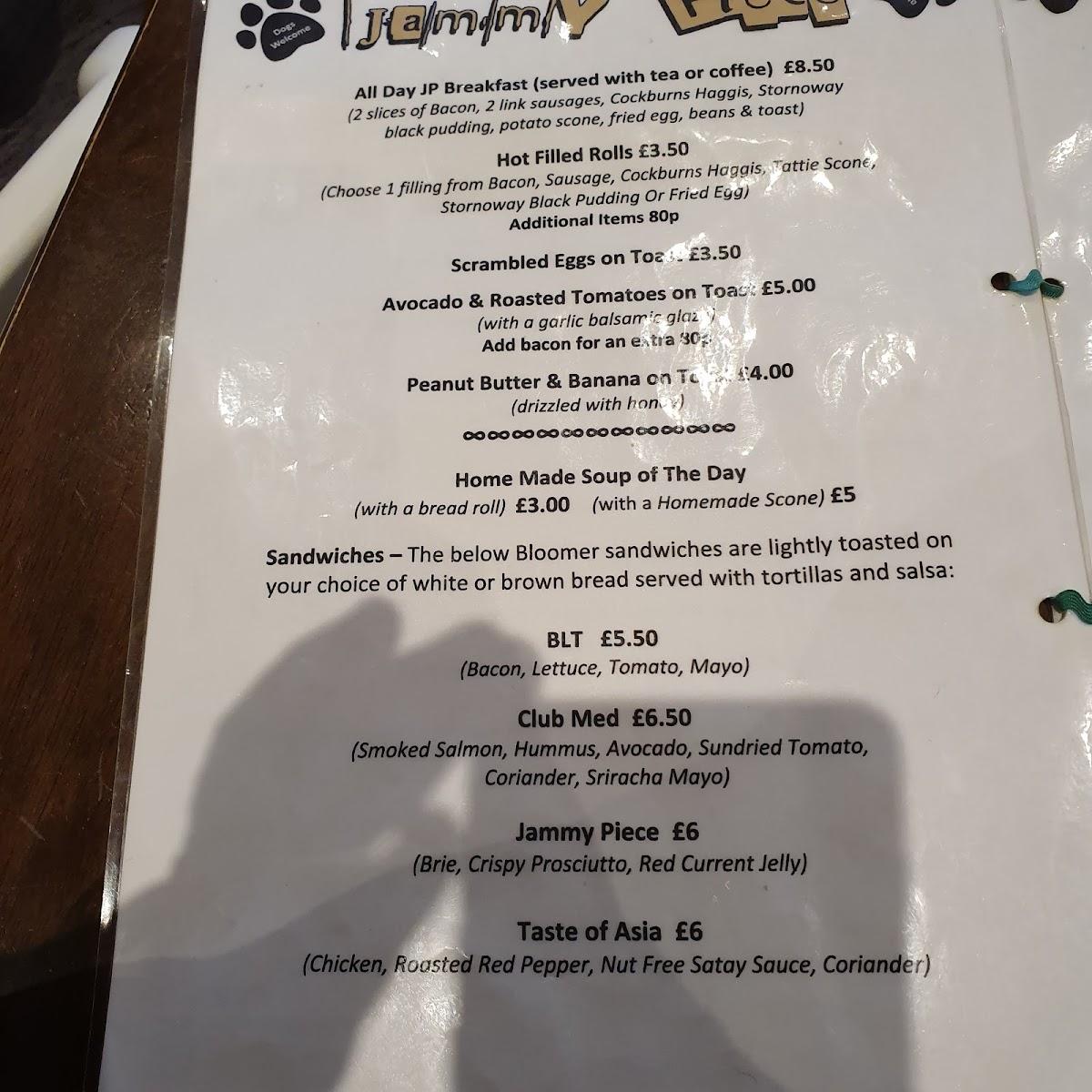 Menu at Jammy Piece cafe, Inverness