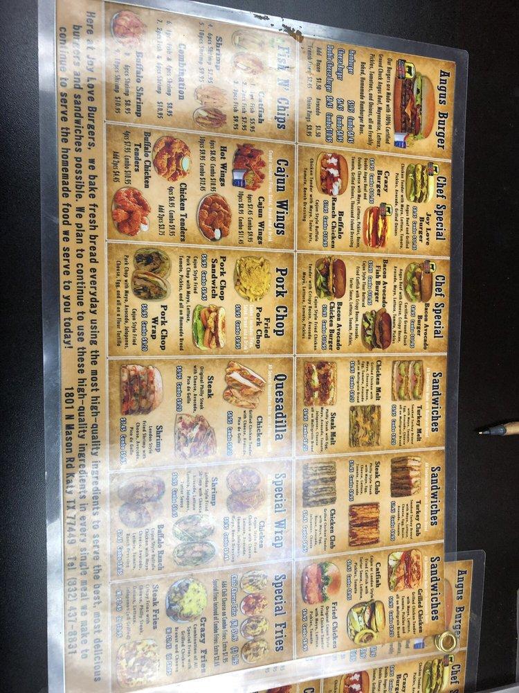 Menu at Joy Love Burgers restaurant, Houston, N Mason Rd