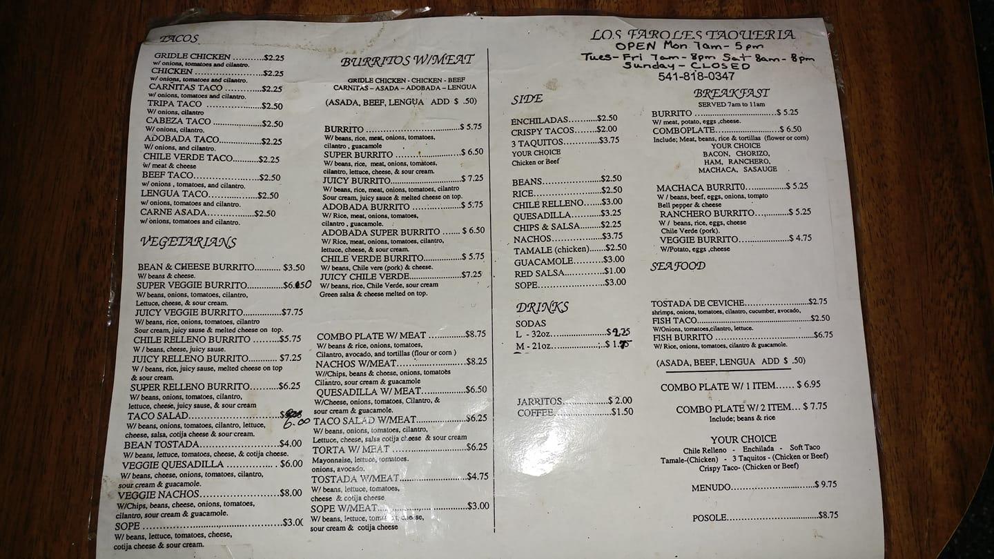 Menu at Serrano's Taqueria restaurant, Sweet Home