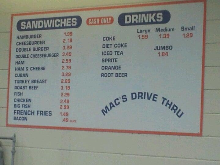 Menu at Mac's Drive Thru fast food, Gainesville