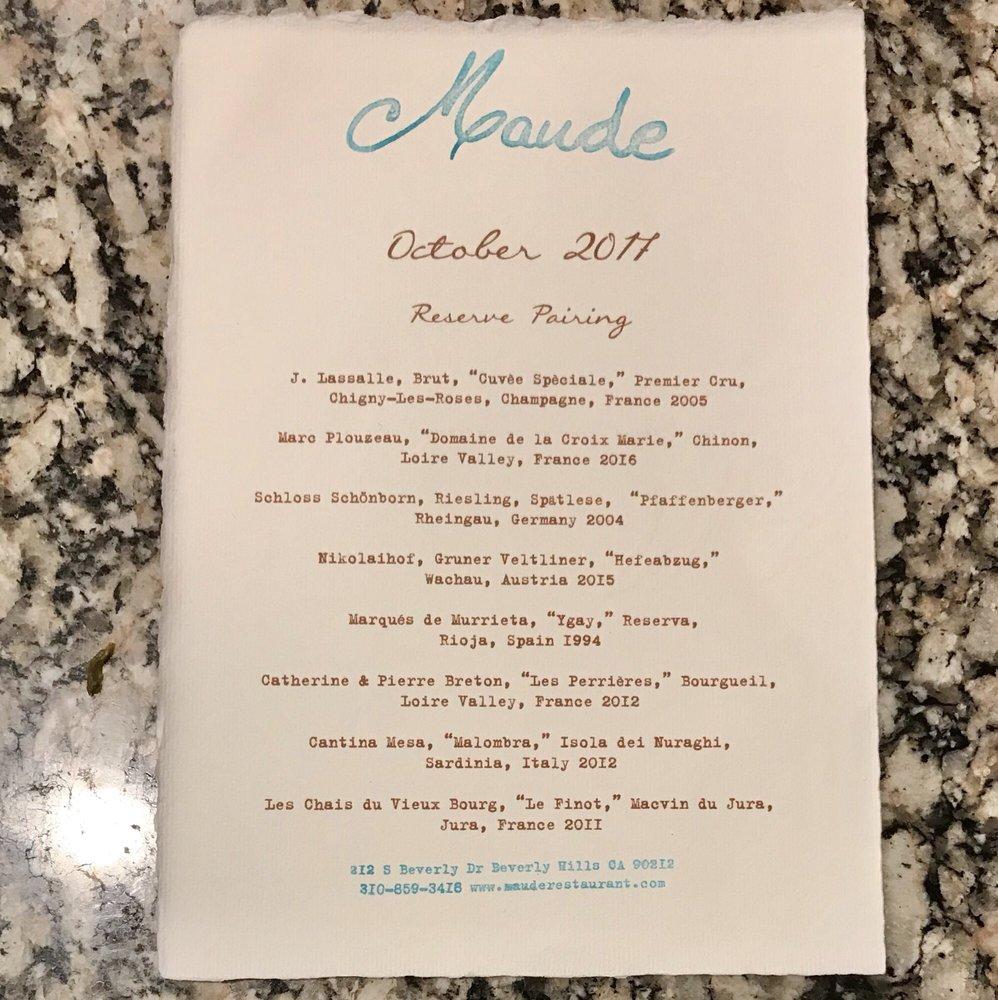 Menu at Maude restaurant, Beverly Hills