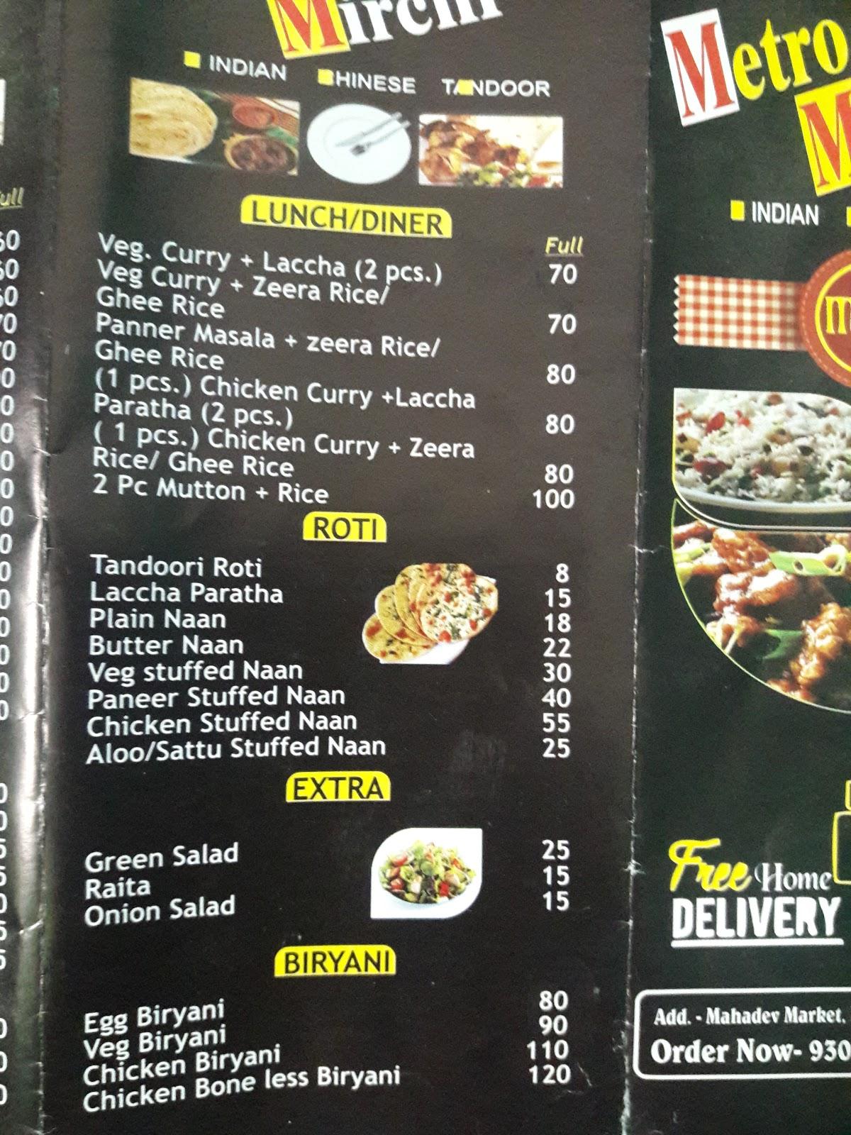 Menu at Metro Mirchi Restaurant, Patna