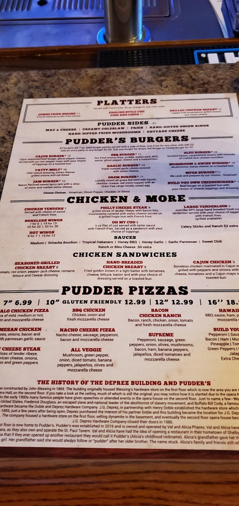 Menu at Pudder's fast food, Shelbyville