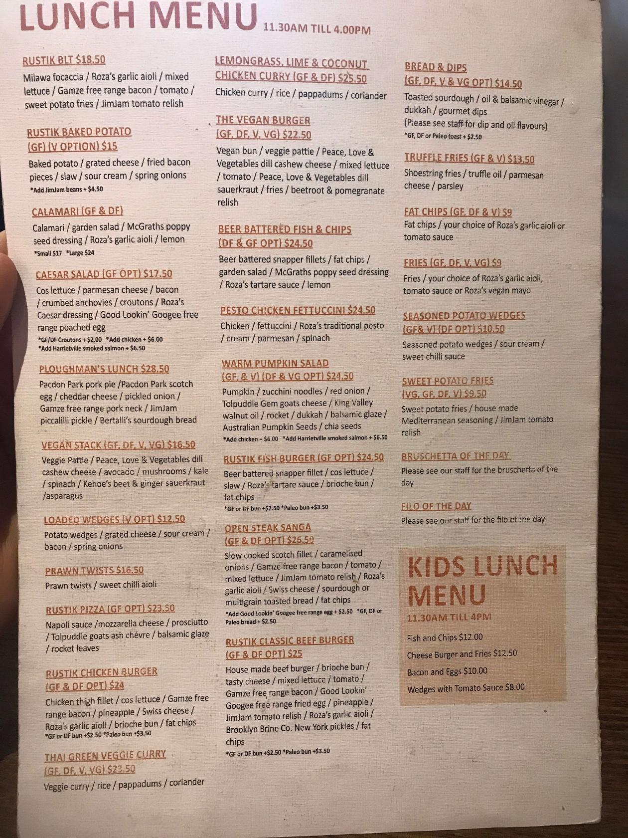 Menu at Rustik Cafe & Foodstore, Benalla