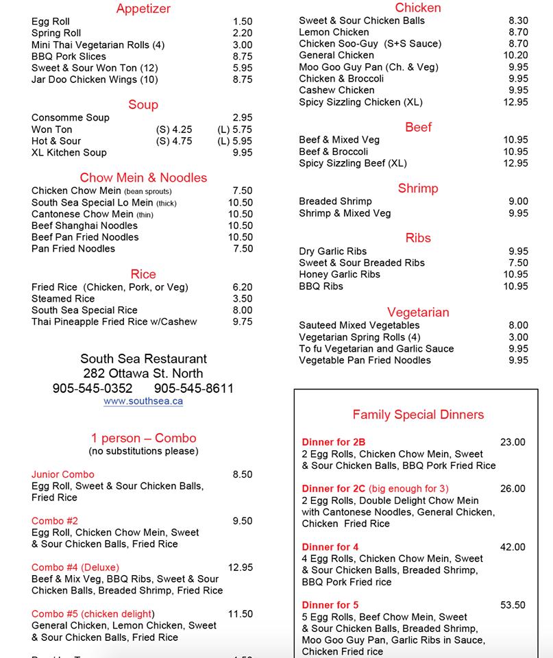 Menu at South Sea Restaurant, Hamilton