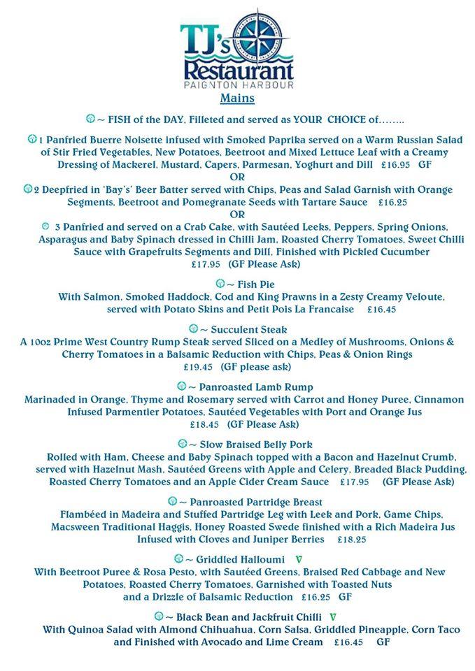Menu at TJ's Restaurant, Paignton