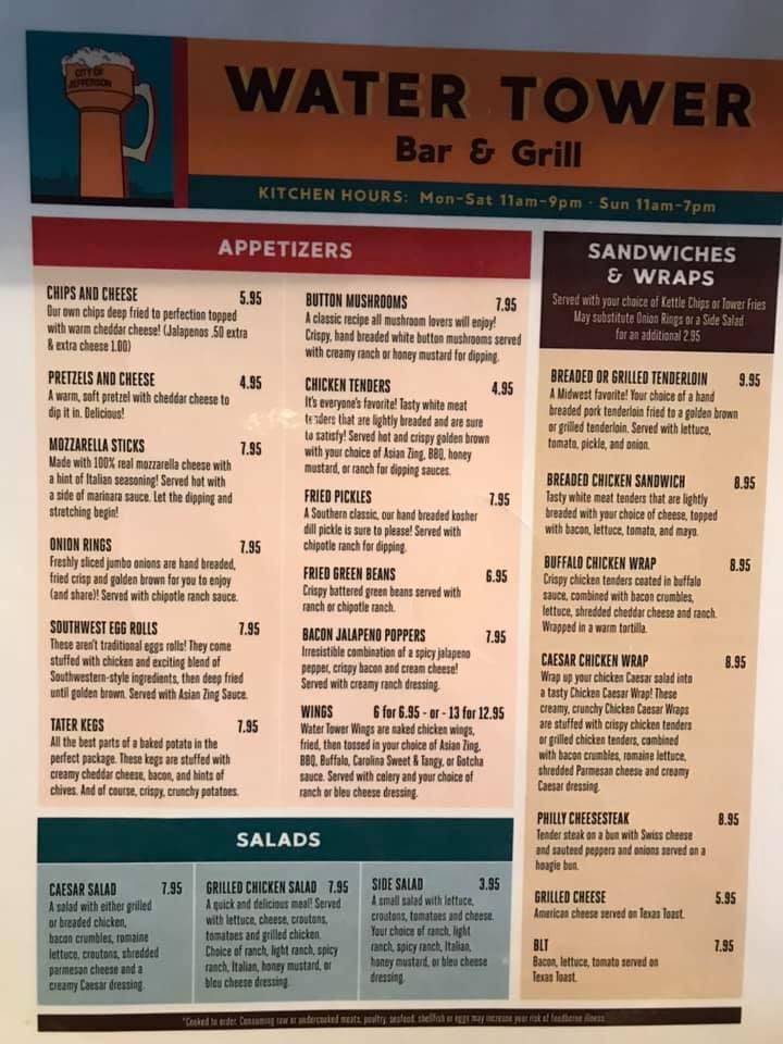 Menu at The Water Tower Bar & Grill, Jefferson City