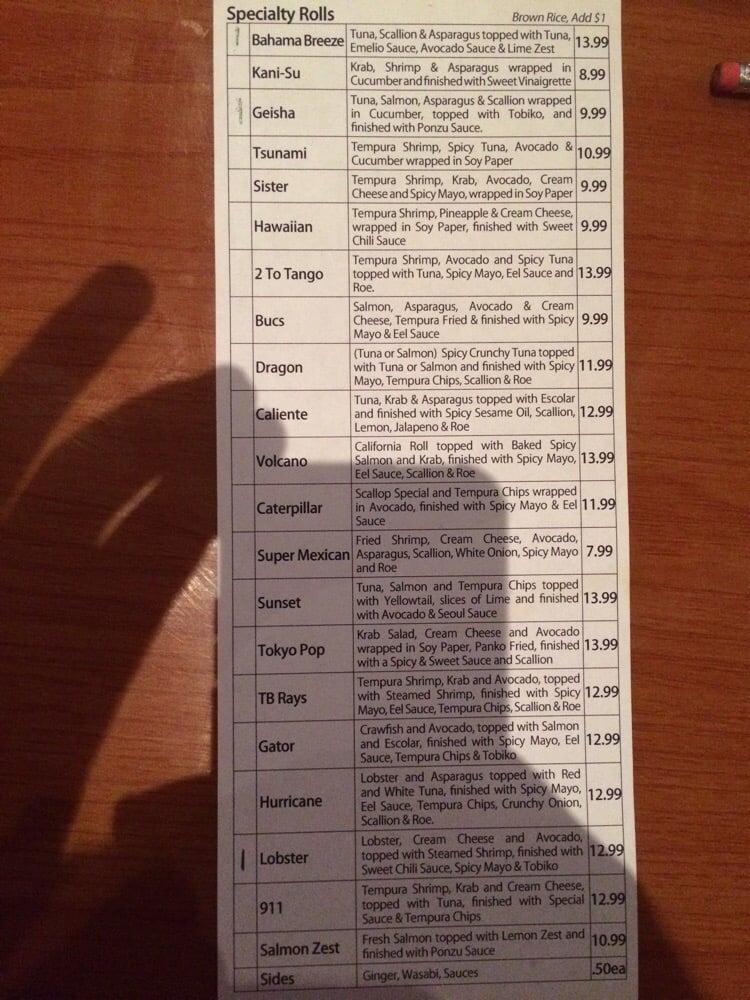 Menu at Yoko's Japanese Restaurant, Tampa