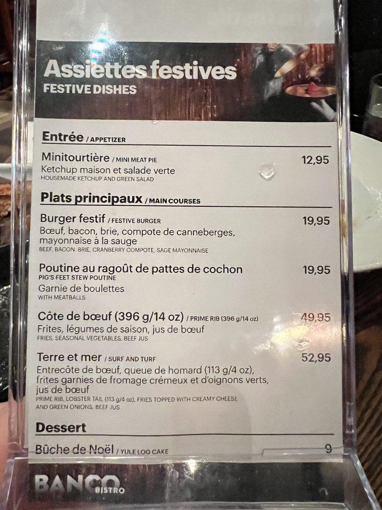 Menu at Banco Bistro restaurant, Gatineau