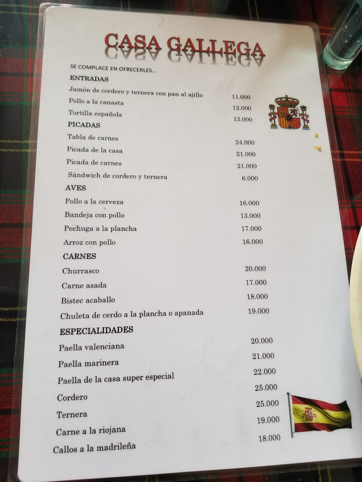Menu at CASA GALLEGA restaurant, Bogotá