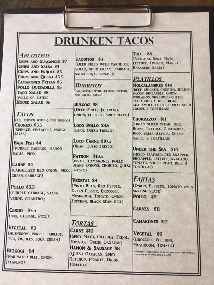 Menu at Drunken Tacos restaurant, Cincinnati