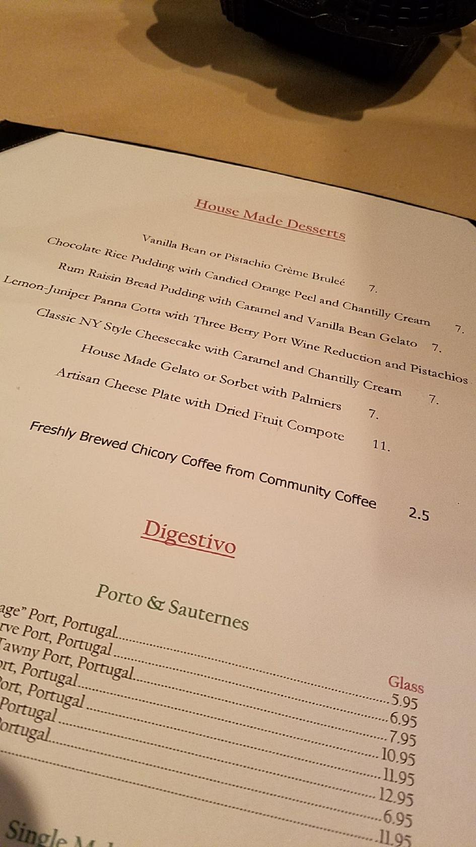 Menu at Meridian Restaurant, Winston-Salem