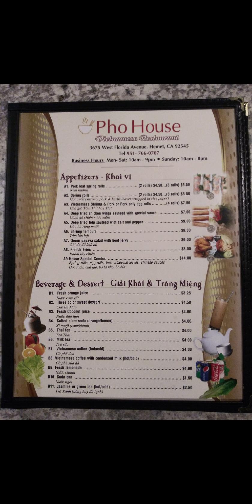 Menu at Pho House restaurant, Hemet