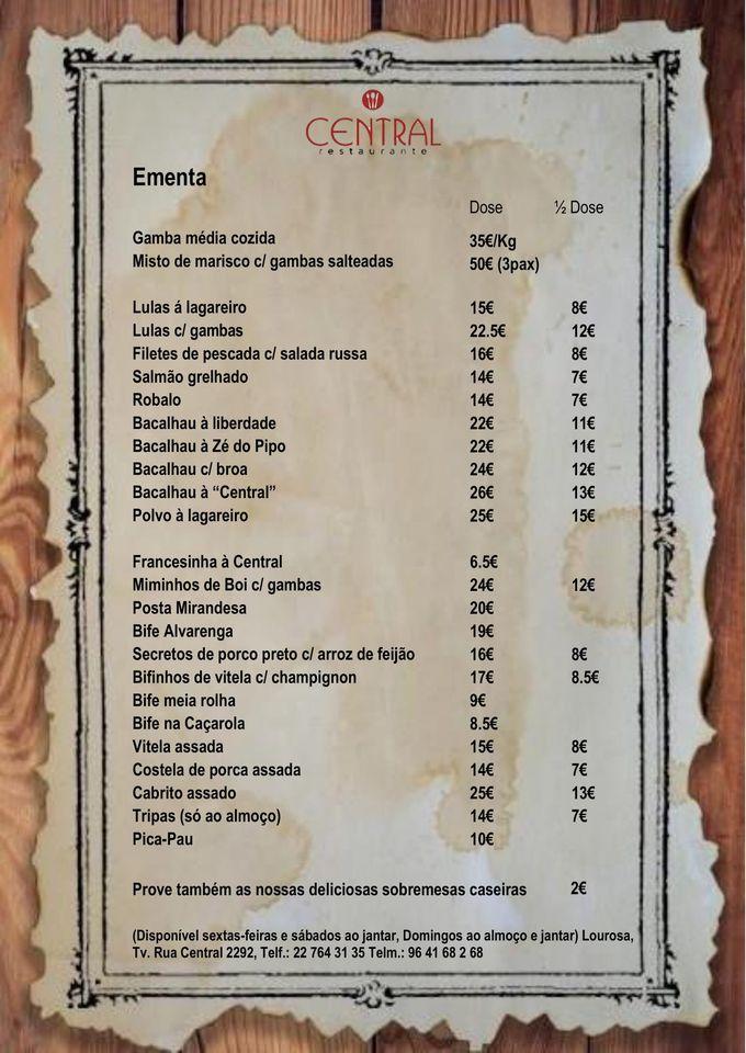Menu at Restaurante Central, Lourosa
