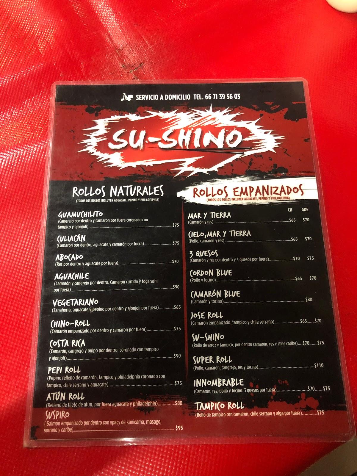 Menu at Su-Shino restaurant, Culiacán