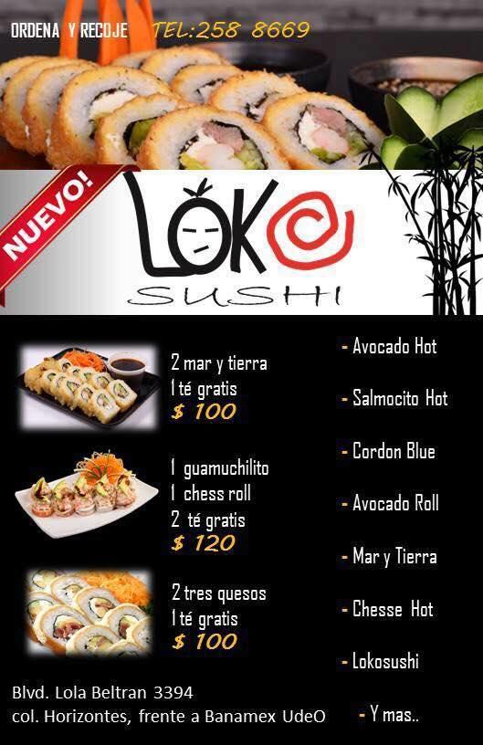 Menu at Sushi Loko restaurant, Culiacán, Blvd. Lola Beltrán 3394 col ...