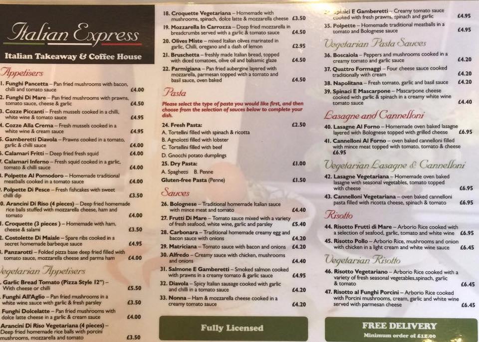 Menu at Leo's Italian Express pizzeria, Sheffield