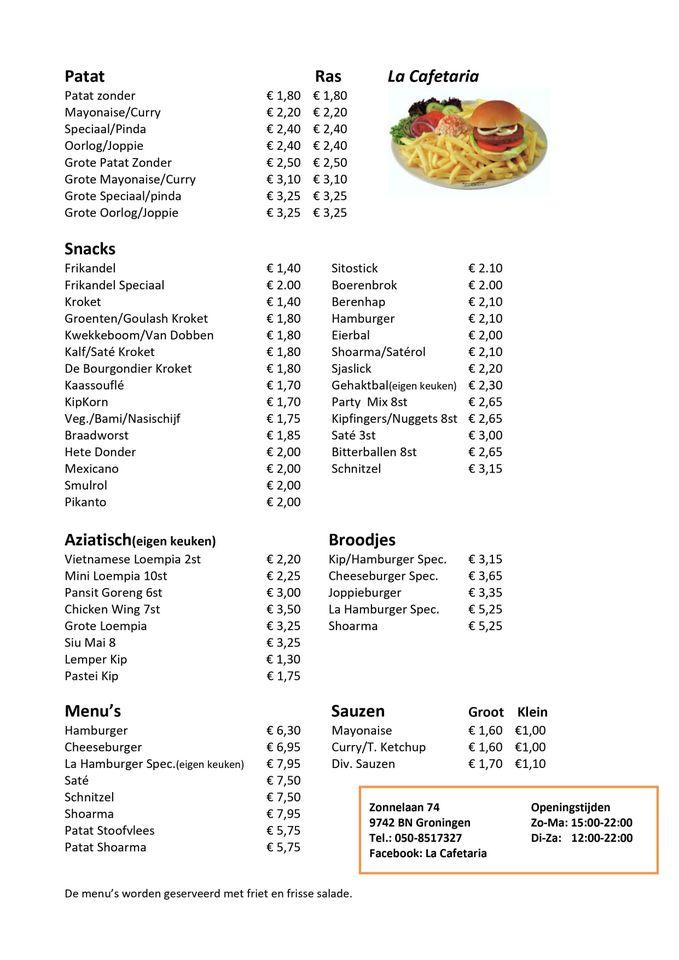 Menu at La Cafetaria, Groningen
