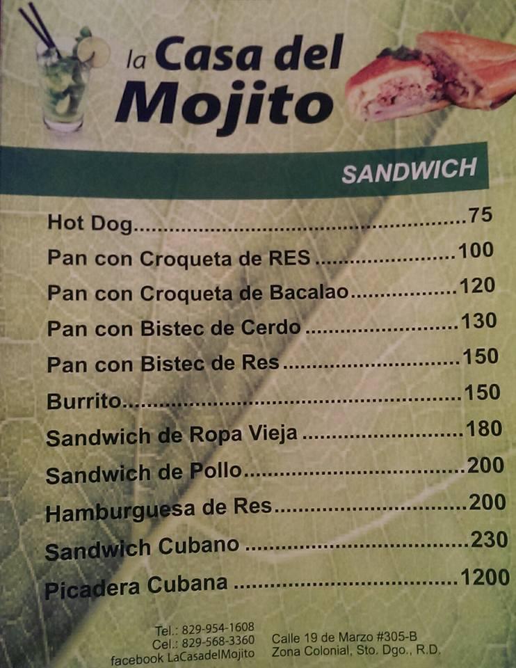 Menu at La Casa del Mojito restaurant, Santo Domingo, Salomé ureña esguina