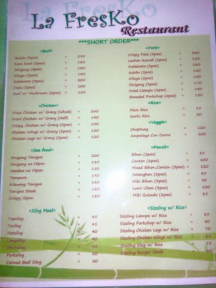 Menu at La FresKo Restaurant, Baras