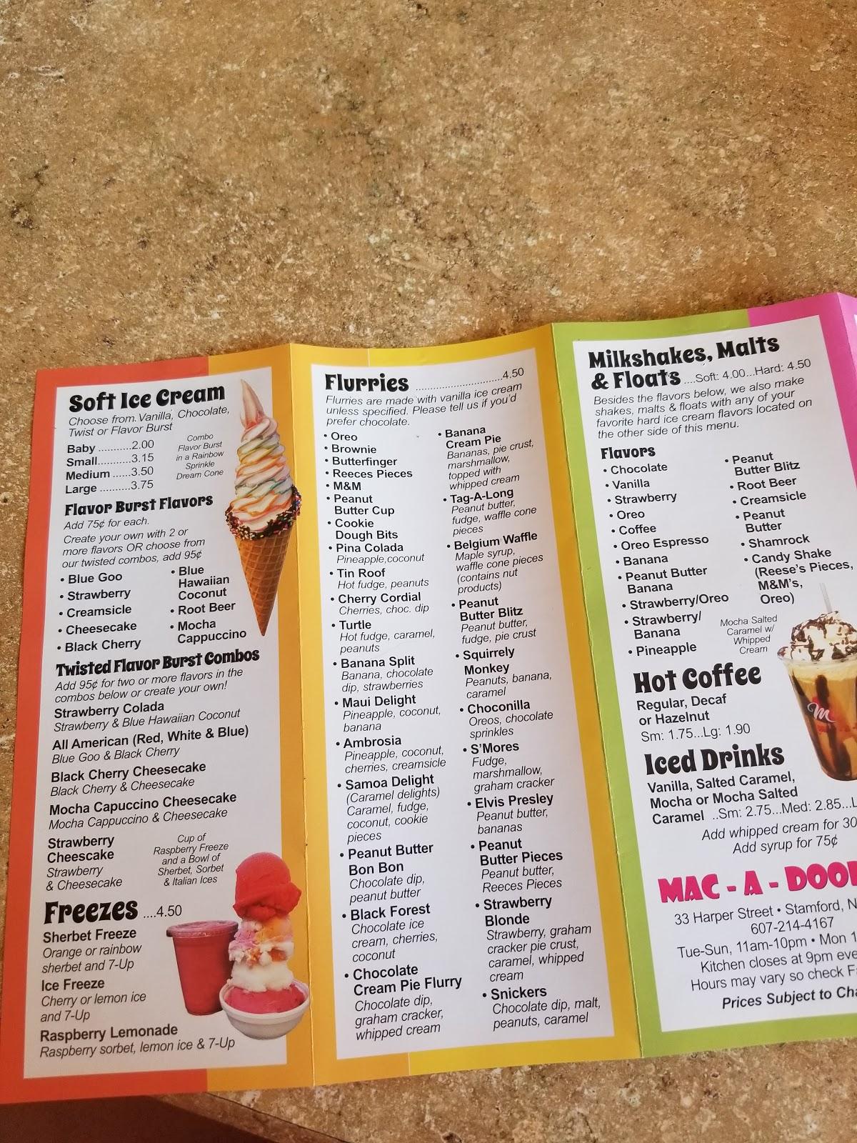 Menu at Mac-A-Doodles restaurant, Stamford, 33 Harper St
