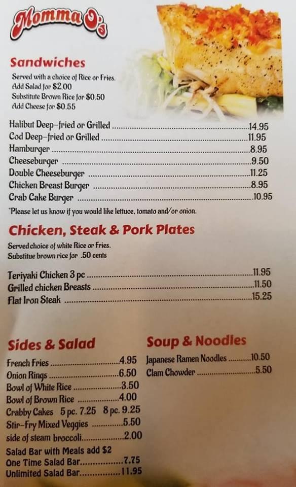 Menu at Momma Os Seafood MR restaurant, Anchorage