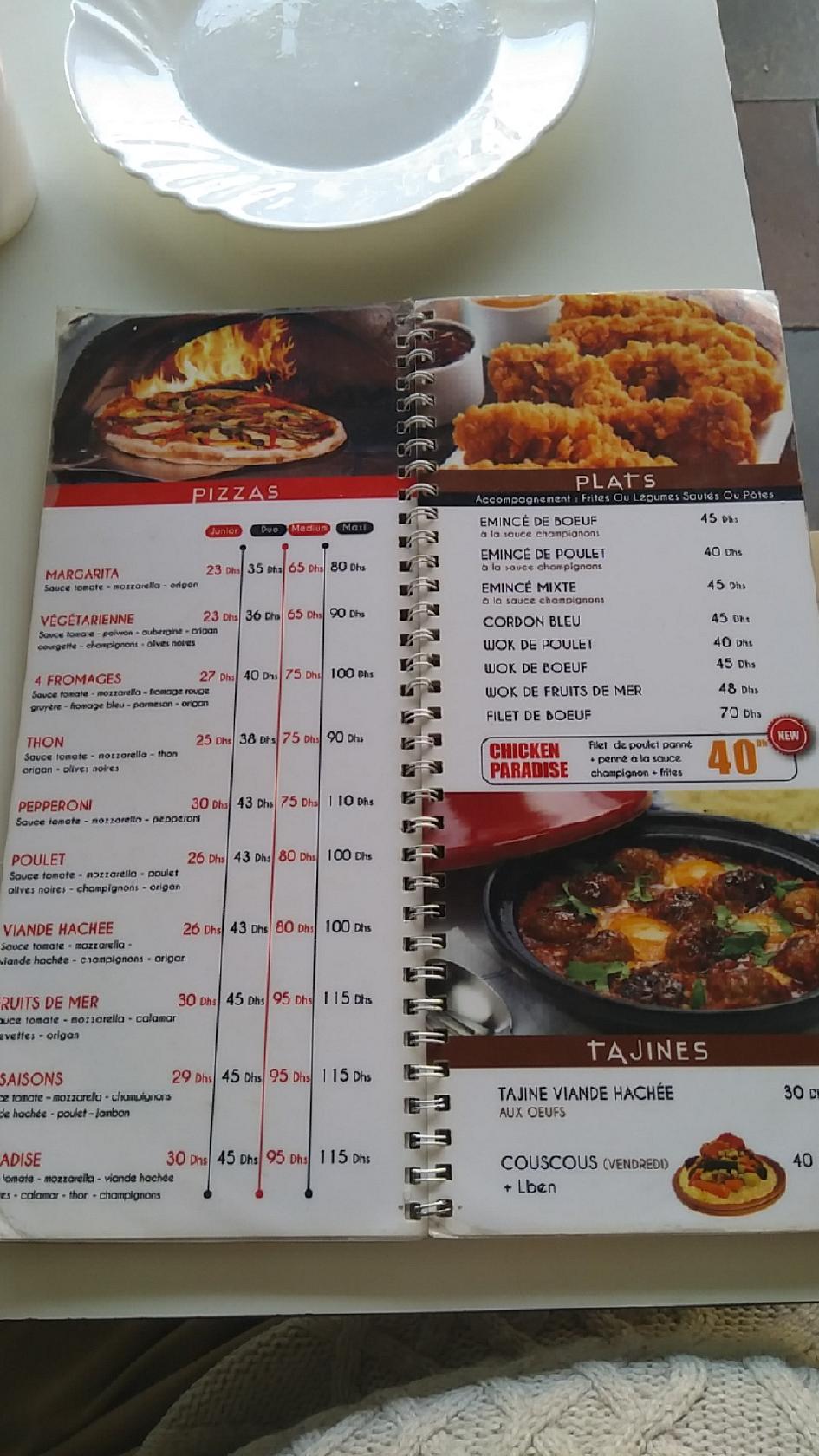 Menu at Paradise restaurant, Temara