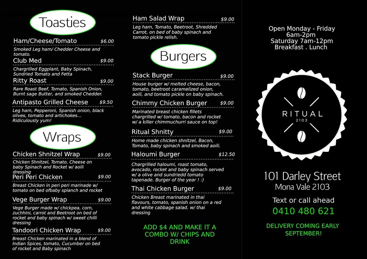 Menu at Ritual 2103 cafe, Mona Vale