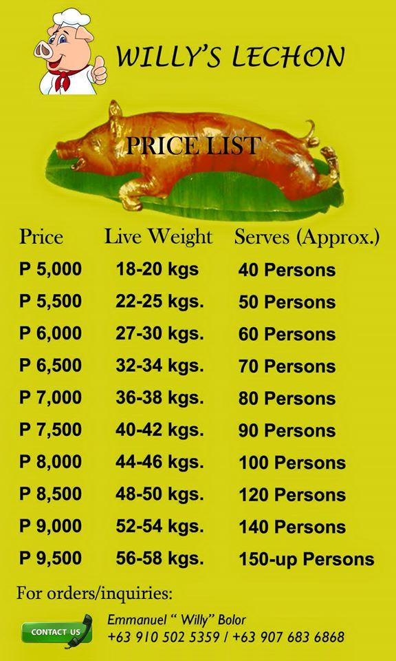 Menu at Willy's Lechon restaurant, Philippines