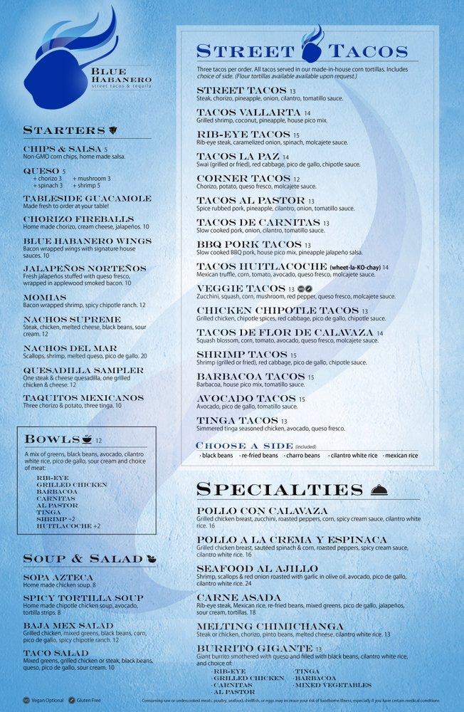 Menu at Blue Habanero - Street Tacos & Tequila pub & bar, Cleveland