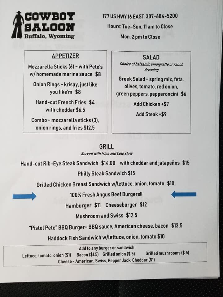 Menu at Cowboy Bar & Grill, Buffalo, 177 US-16