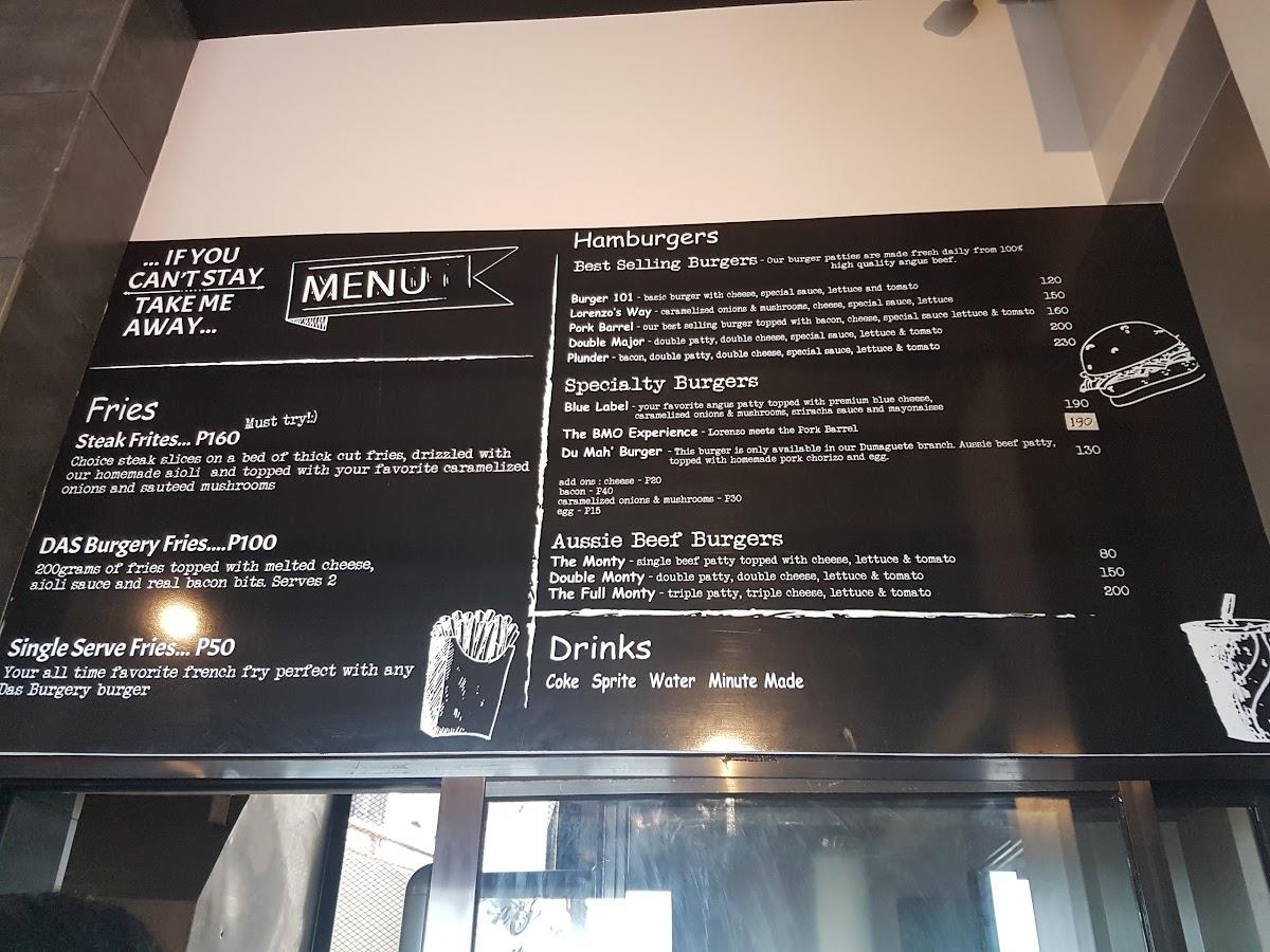 Carta del restaurante Das Burgery, Dumaguete