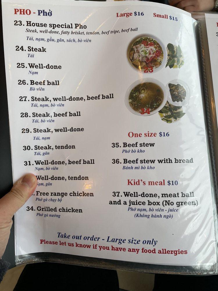 Menu at Pho Net Viet restaurant, Coquitlam