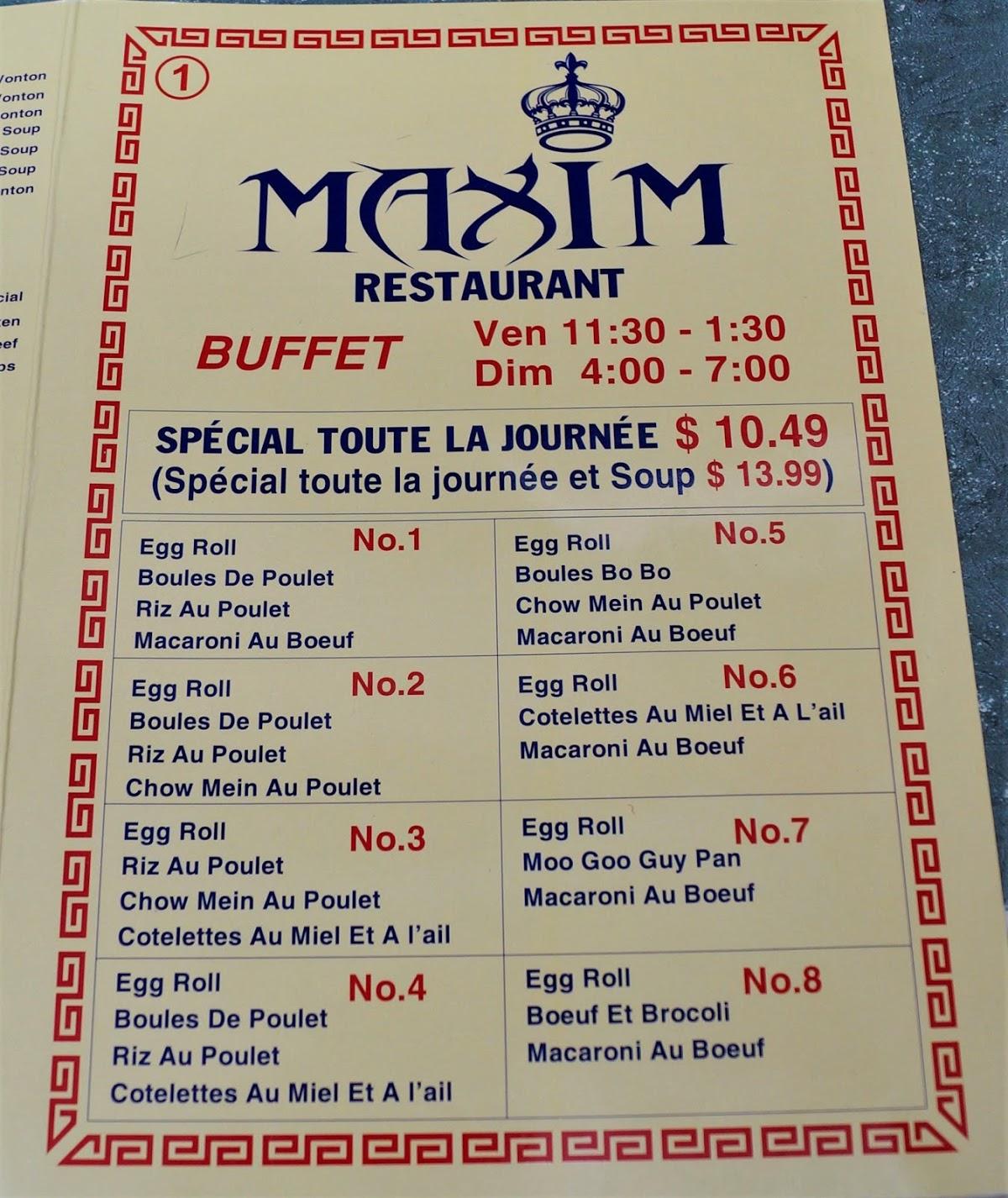 Menu au Saigon Maxim restaurant, Shippagan