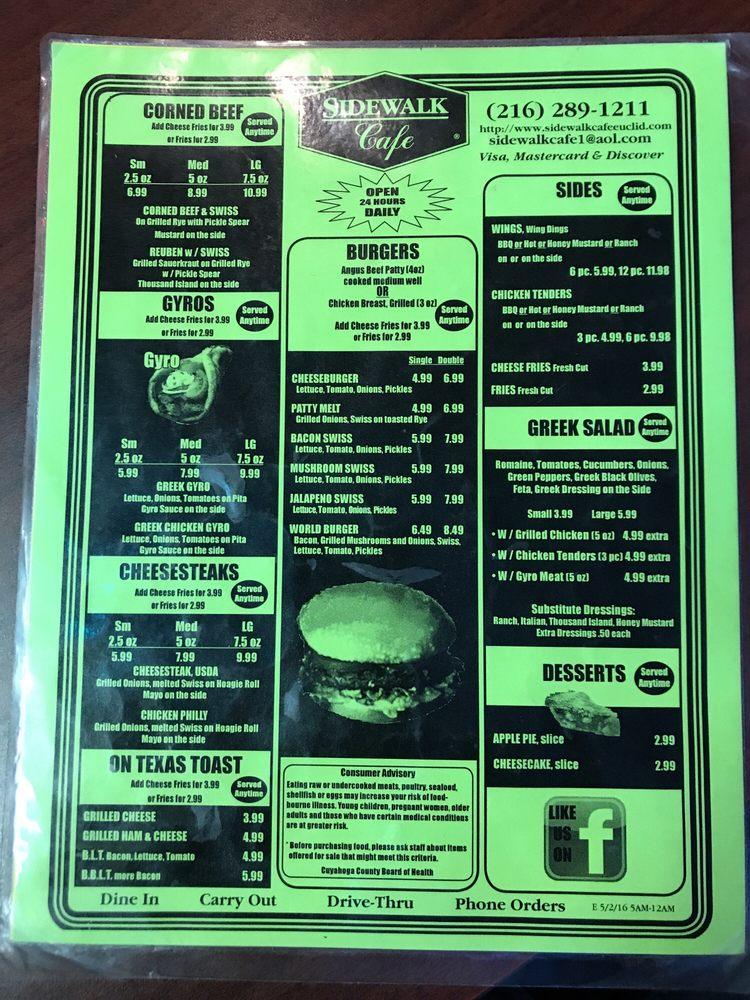 Menu at Sidewalk Cafe, Euclid