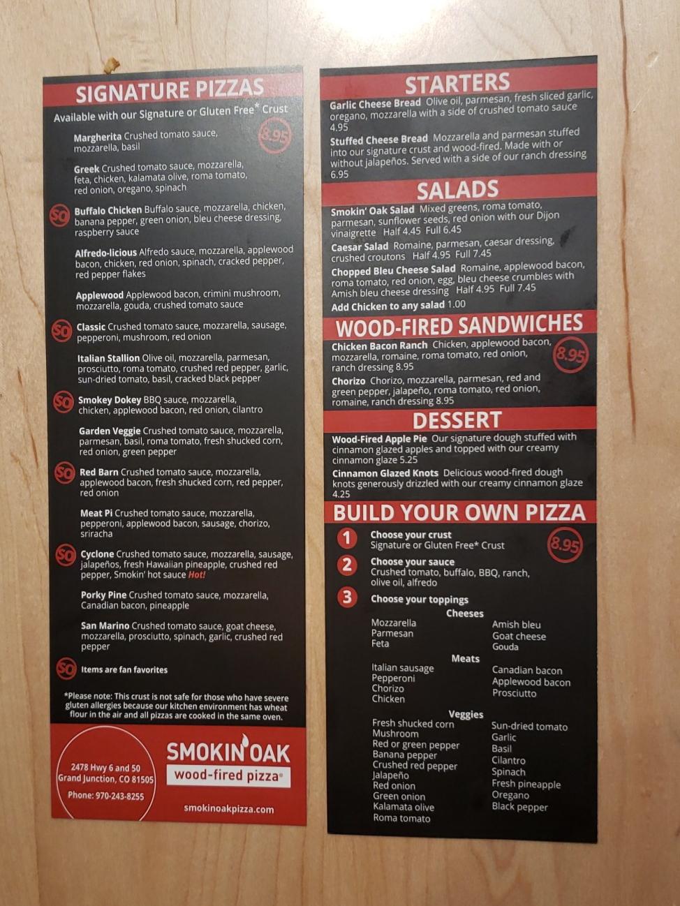 Menu at Smokin' Oak Wood-Fired Pizza pizzeria, Grand Junction