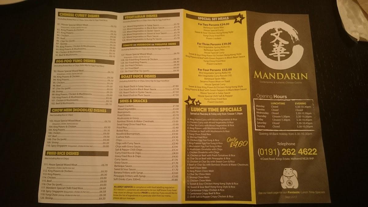 Menu at The Mandarin fast food, Wallsend, 4 Coast Rd