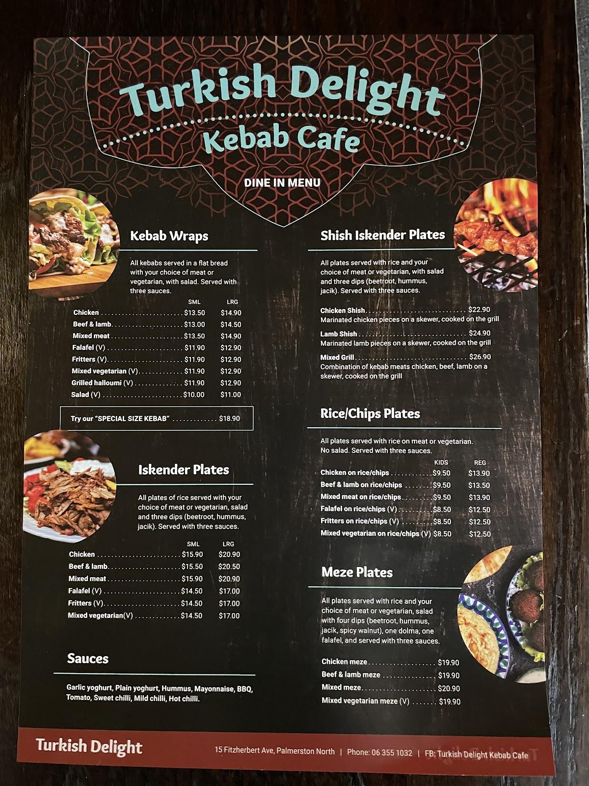 Menu at Turkish Delight - Kebab Cafe, Palmerston North