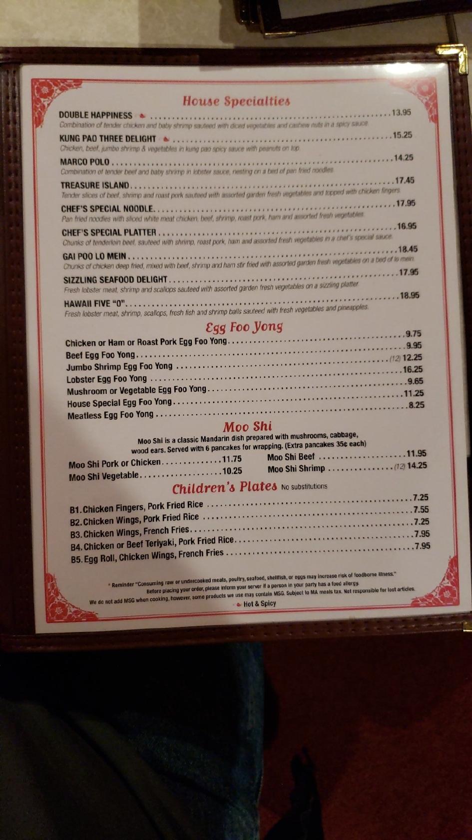 Menu at Wong's restaurant, Grafton