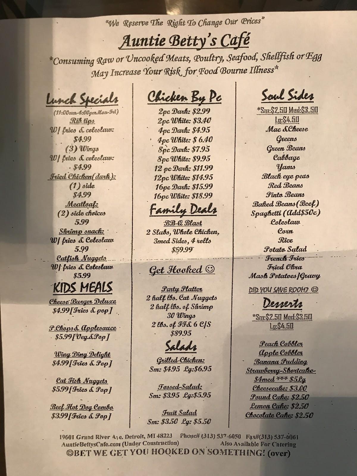 Menu at Auntie Betty's Cafe, Detroit