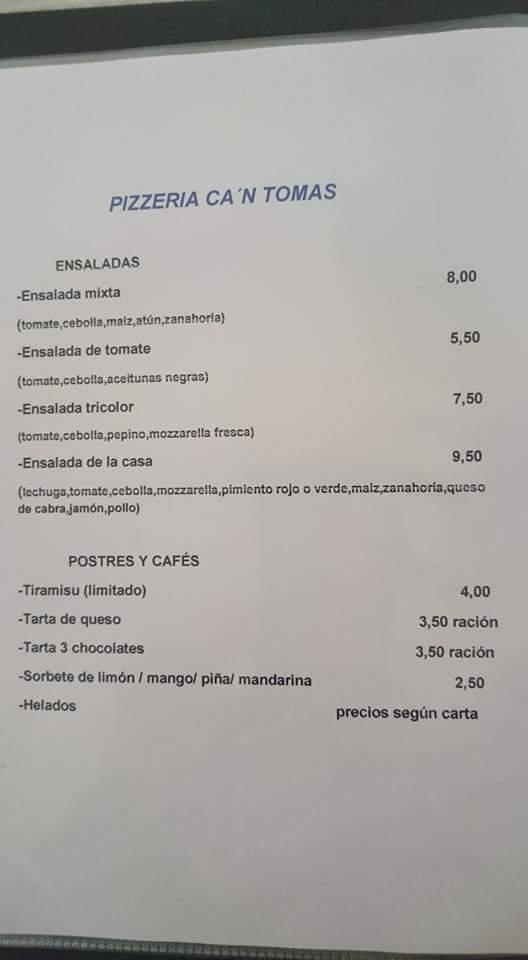 Carta del restaurante Can tomas, Sant Jordi