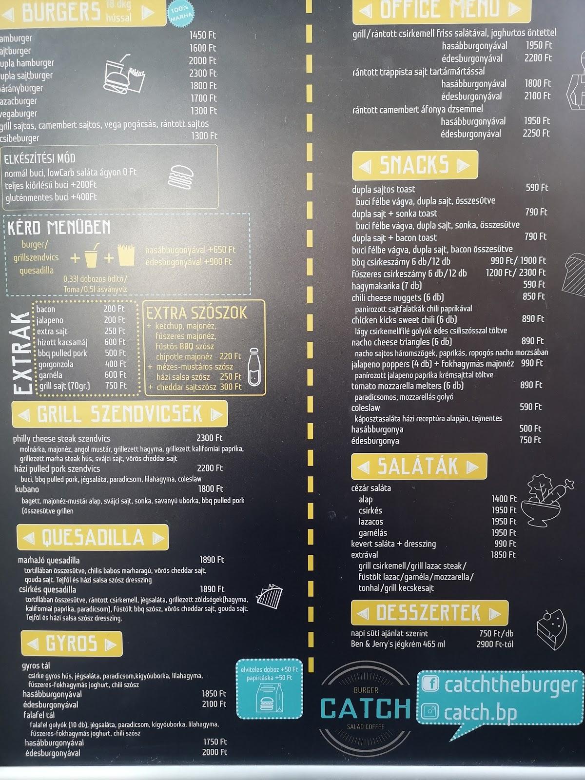 Menu at Catch Burger restaurant, Budapest, Mester u. 22