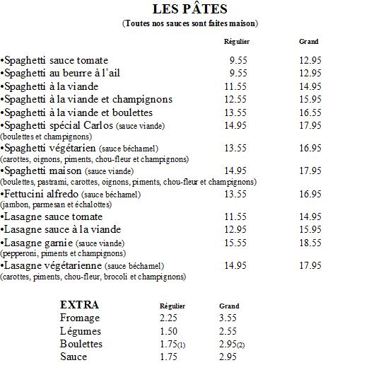 Menu at Chez Carlo's Restaurant, Sept-Iles