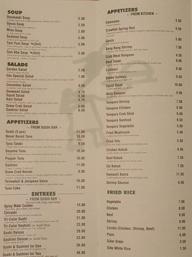 Menu at Edo Japanese Restaurant, Jackson