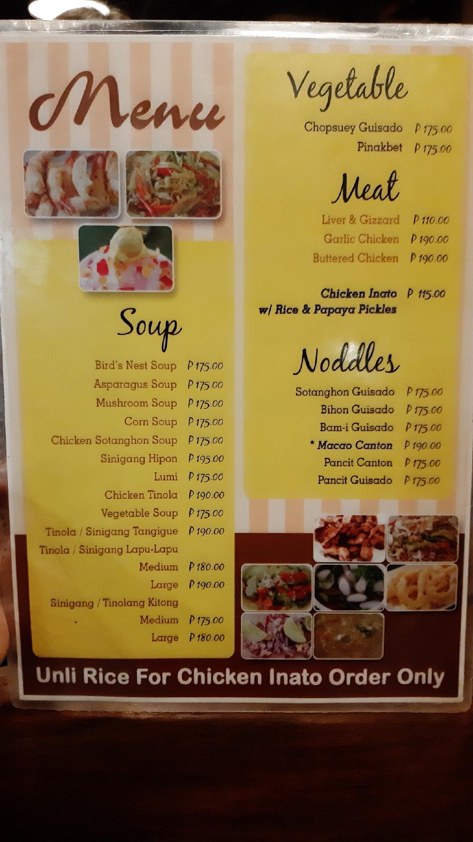 Menu at Jo's Chicken Inato restaurant, Cagayan de Oro, FMQ2+XV9
