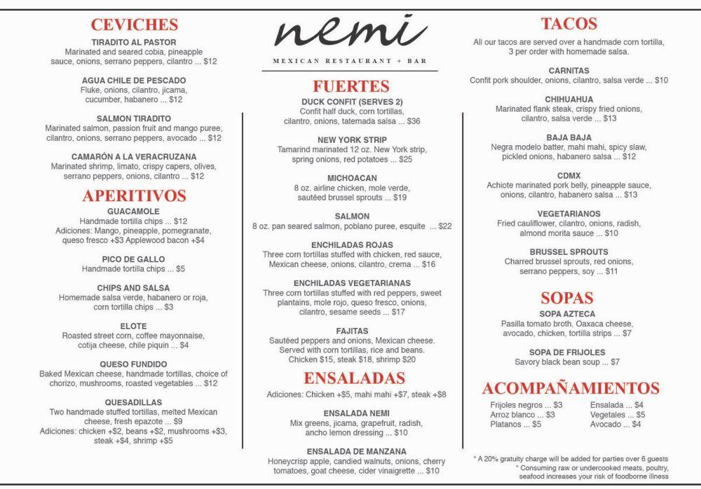 Menu at Nemi restaurant, Philadelphia