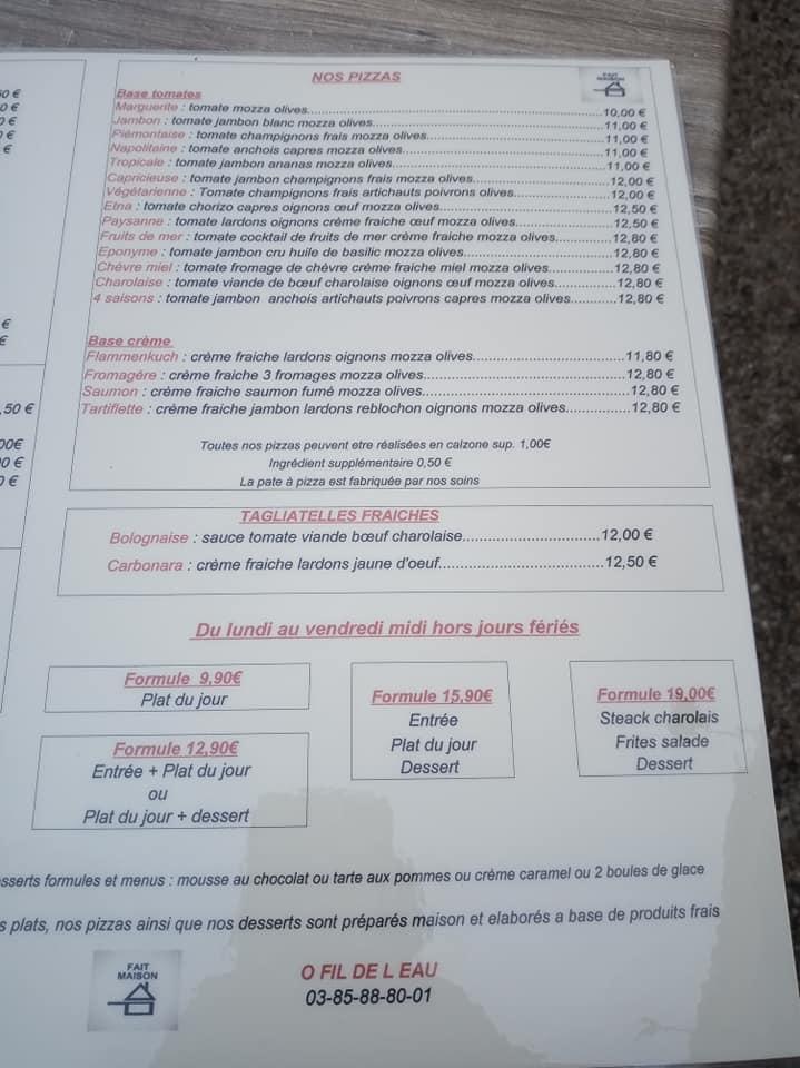 Menu au O fil de l'eau pizzeria, Paray-le-Monial