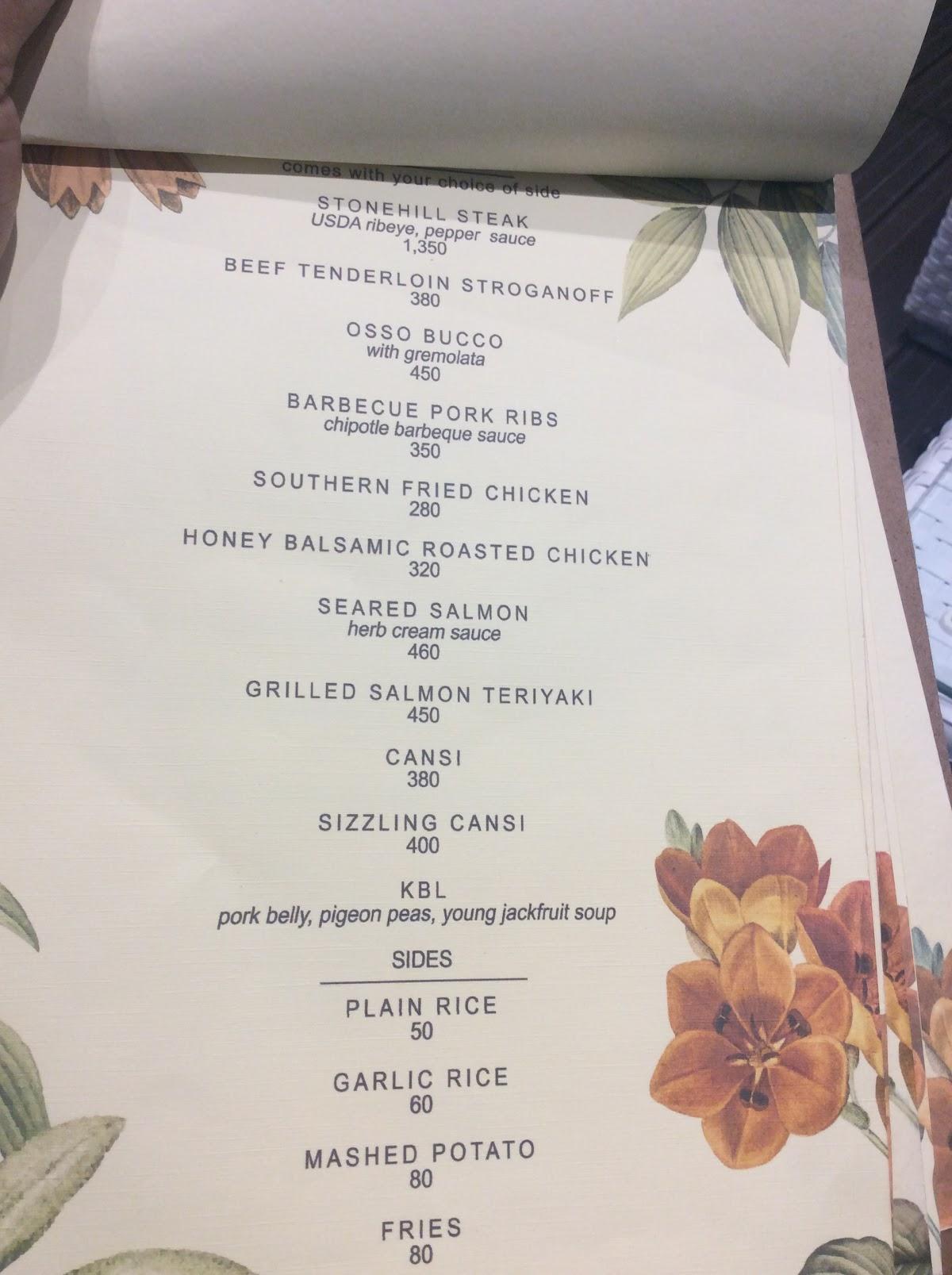 Menu at Skybar, Bacolod