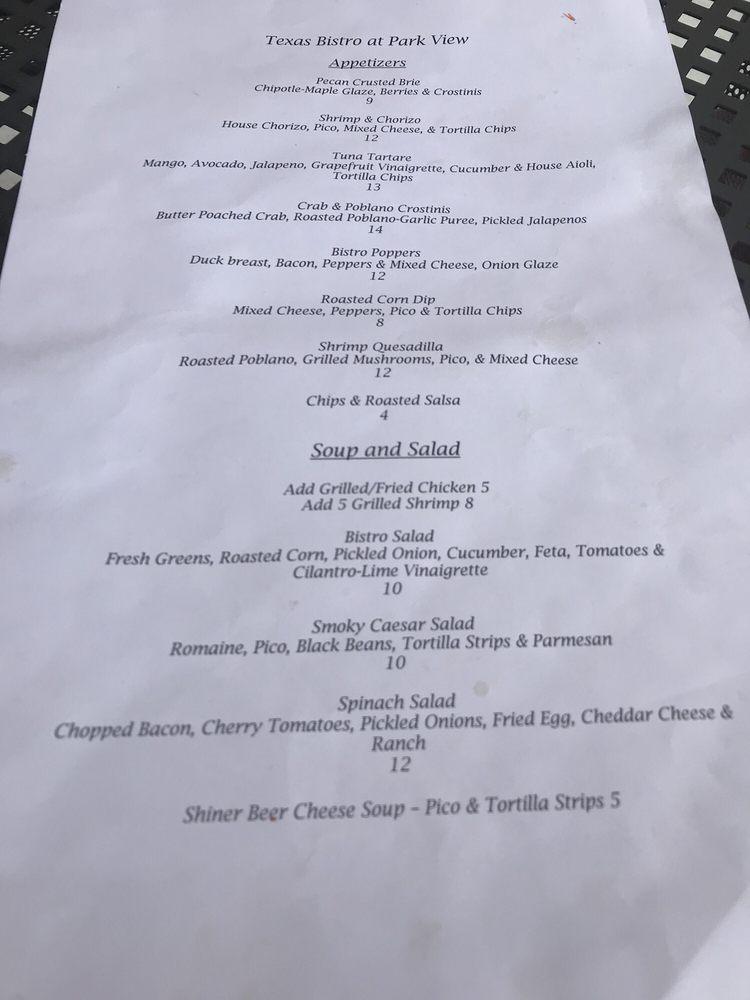 Menu at Texas Bistro At Park View restaurant, New Braunfels